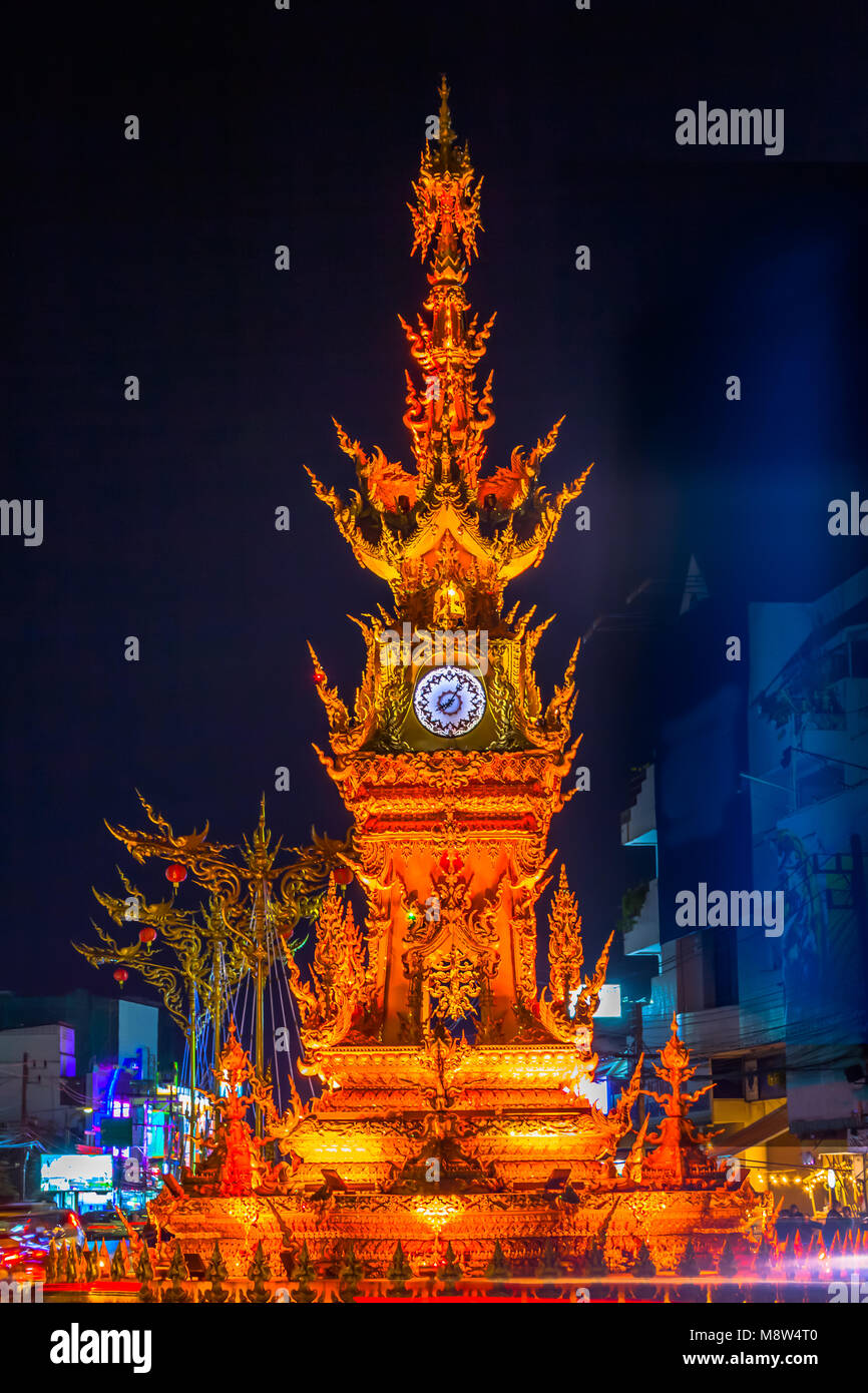 sunset at clock tower in Chiang Rai town. beautiful sculpture clock ...
