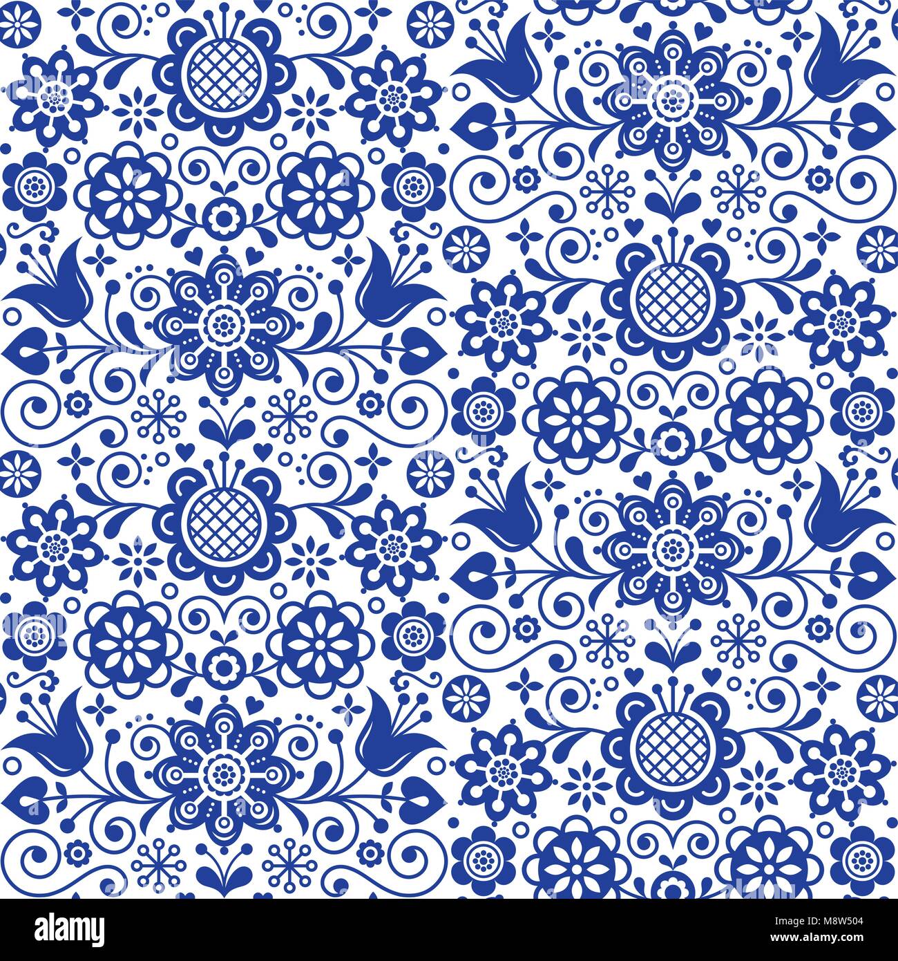 Floral seamless folk art vector pattern, Scandinavian navy blue ...