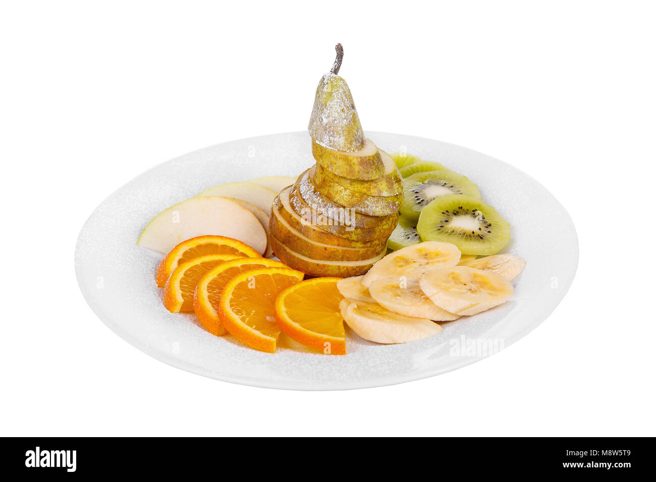 Plate with different sliced fruit plates isolated white background ...