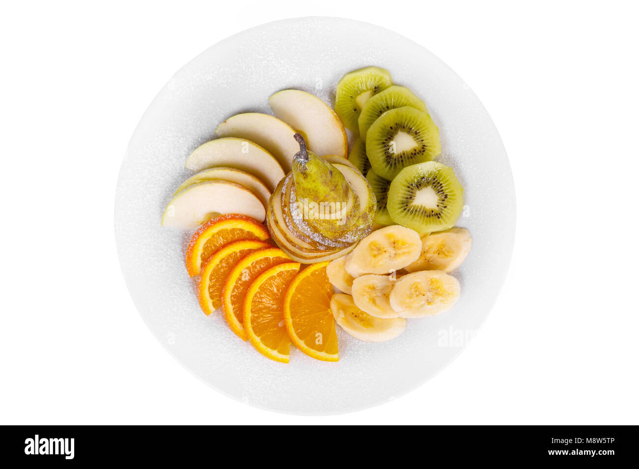 Plate with different sliced fruit plates isolated white background ...