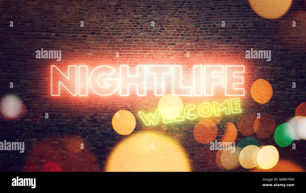 Nightlife neon sign mounted on brick wall, conceptual 3d render ...