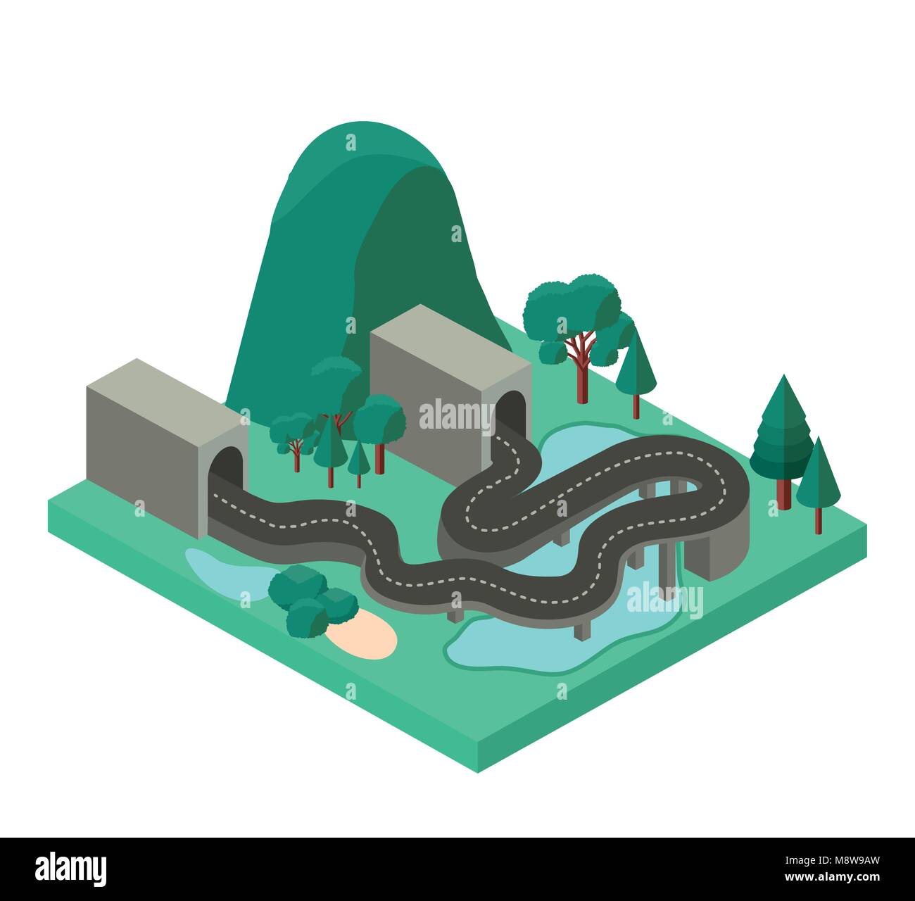 mini forest scene with road and tunnel isometric icons Stock Vector ...