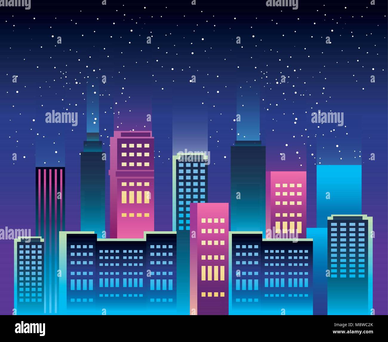 Night view illuminated buildings Stock Vector Images - Alamy