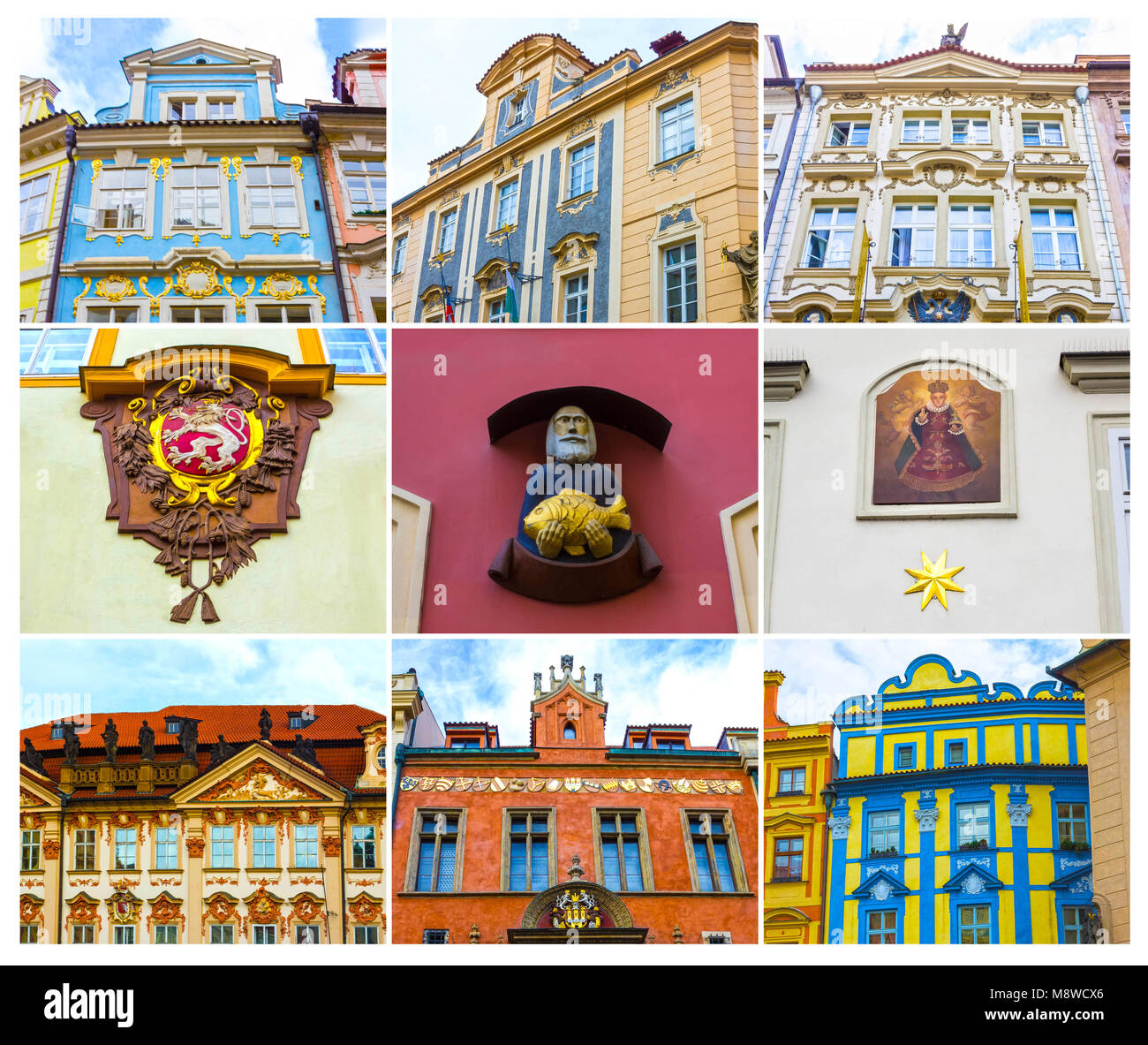 Collage from fragments of facades of old houses and old architecture in ...