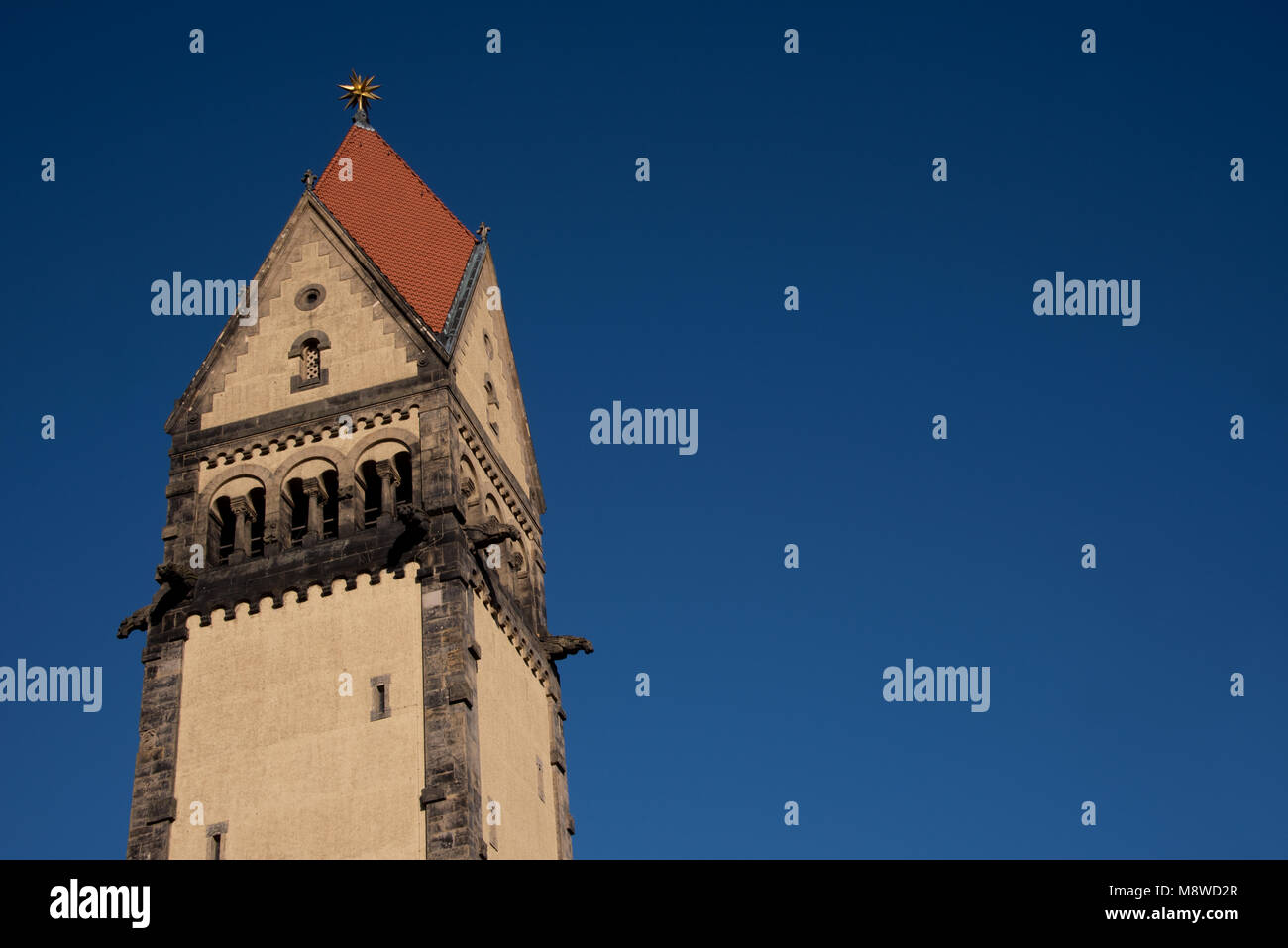Top of a old building bell tower with clear bright blue sky - copy ...