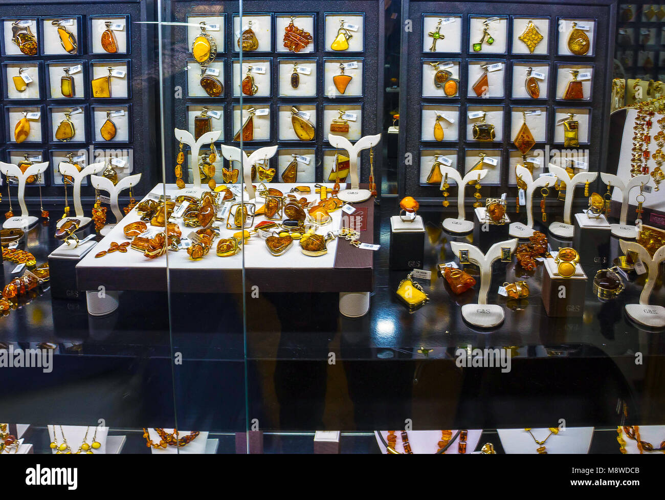 Prague, Czech Republic - December 31, 2017: Amber. Necklace with big ...