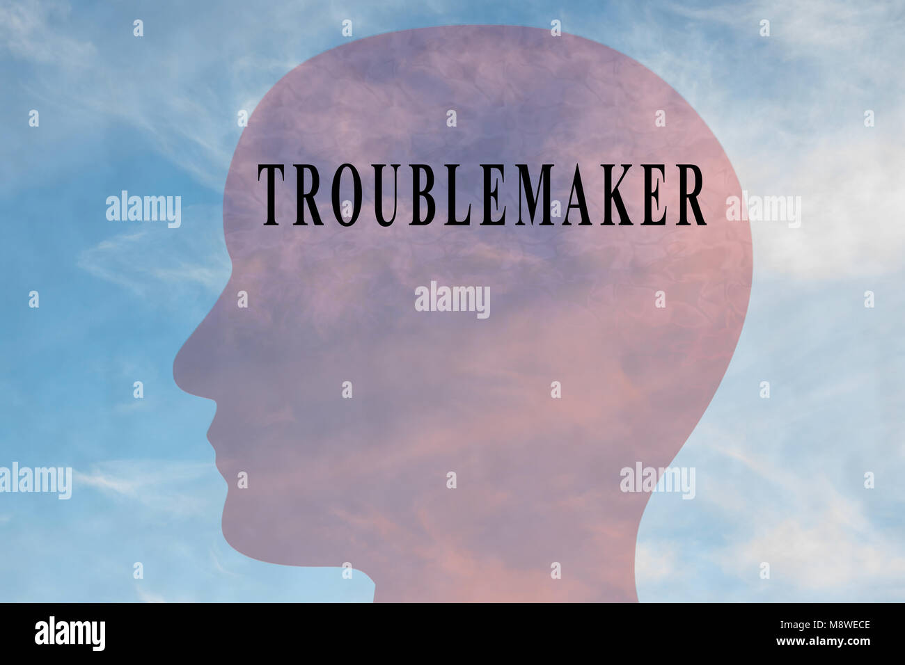 Render illustration of TROUBLEMAKER title on head silhouette, with ...