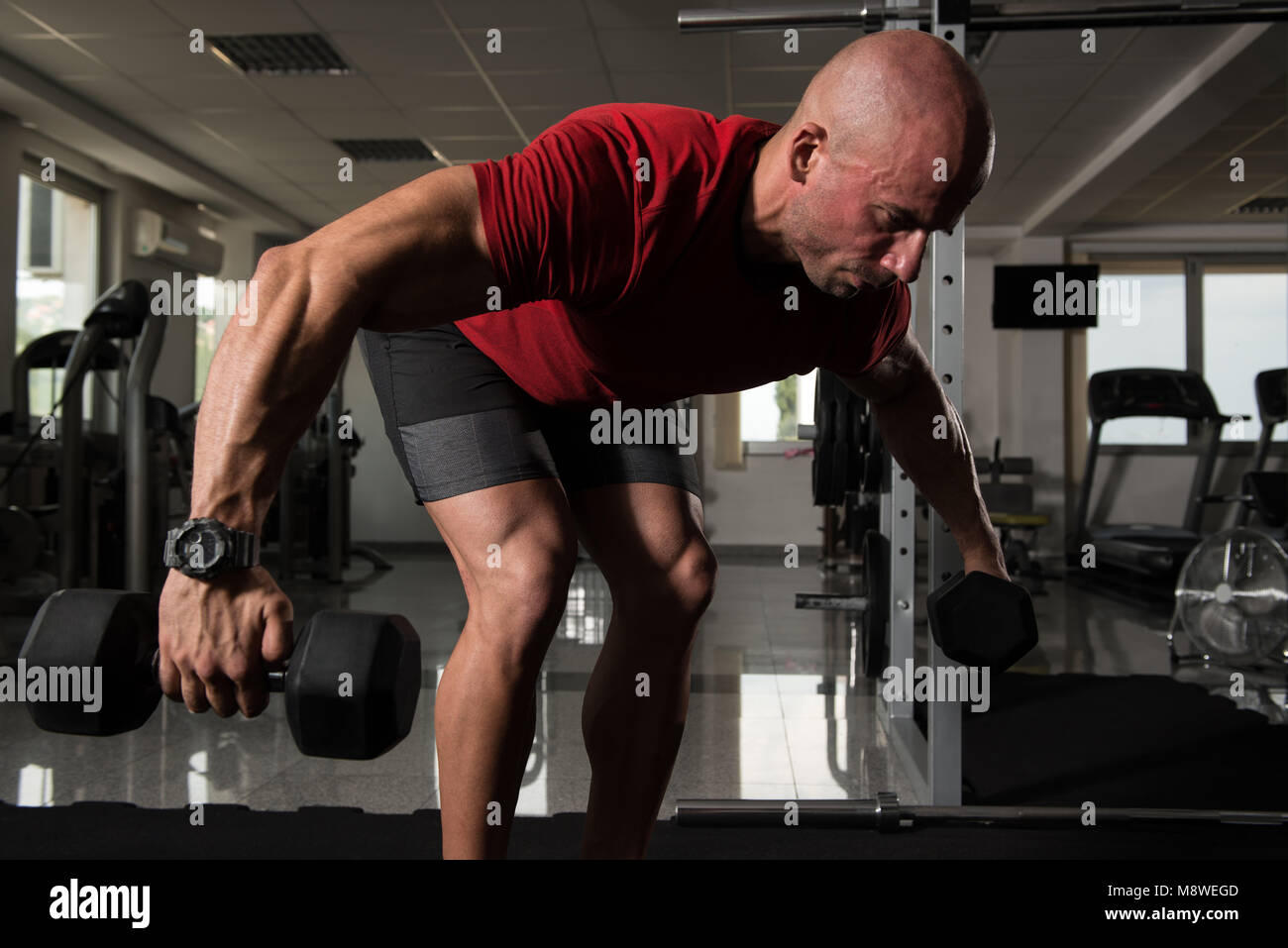 Serious Bodybuilder Doing Heavy Weight Exercise For Trapezius or Back ...