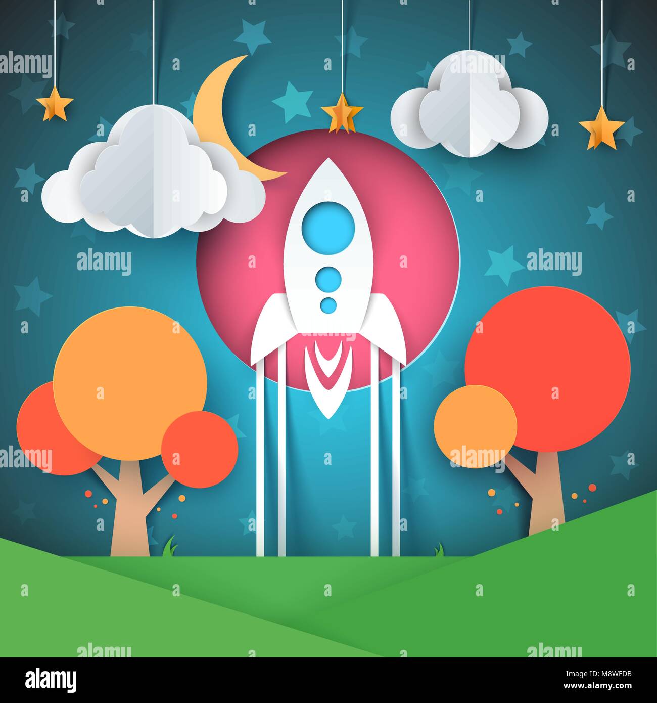 Rocket illustration. Cartoon paper landscape Stock Vector Image & Art ...