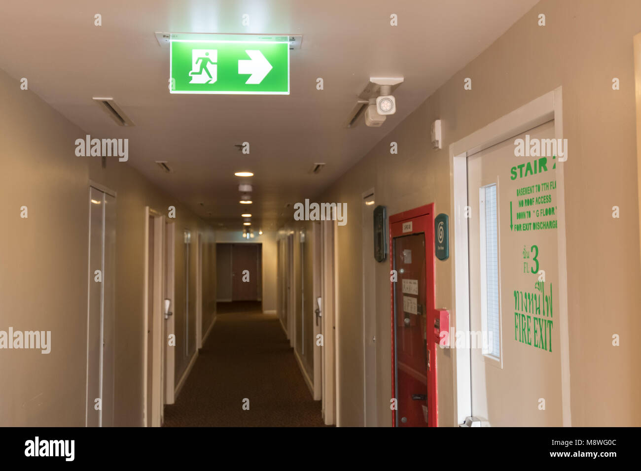 Green emergency exit sign showing the way to escape Stock Photo - Alamy
