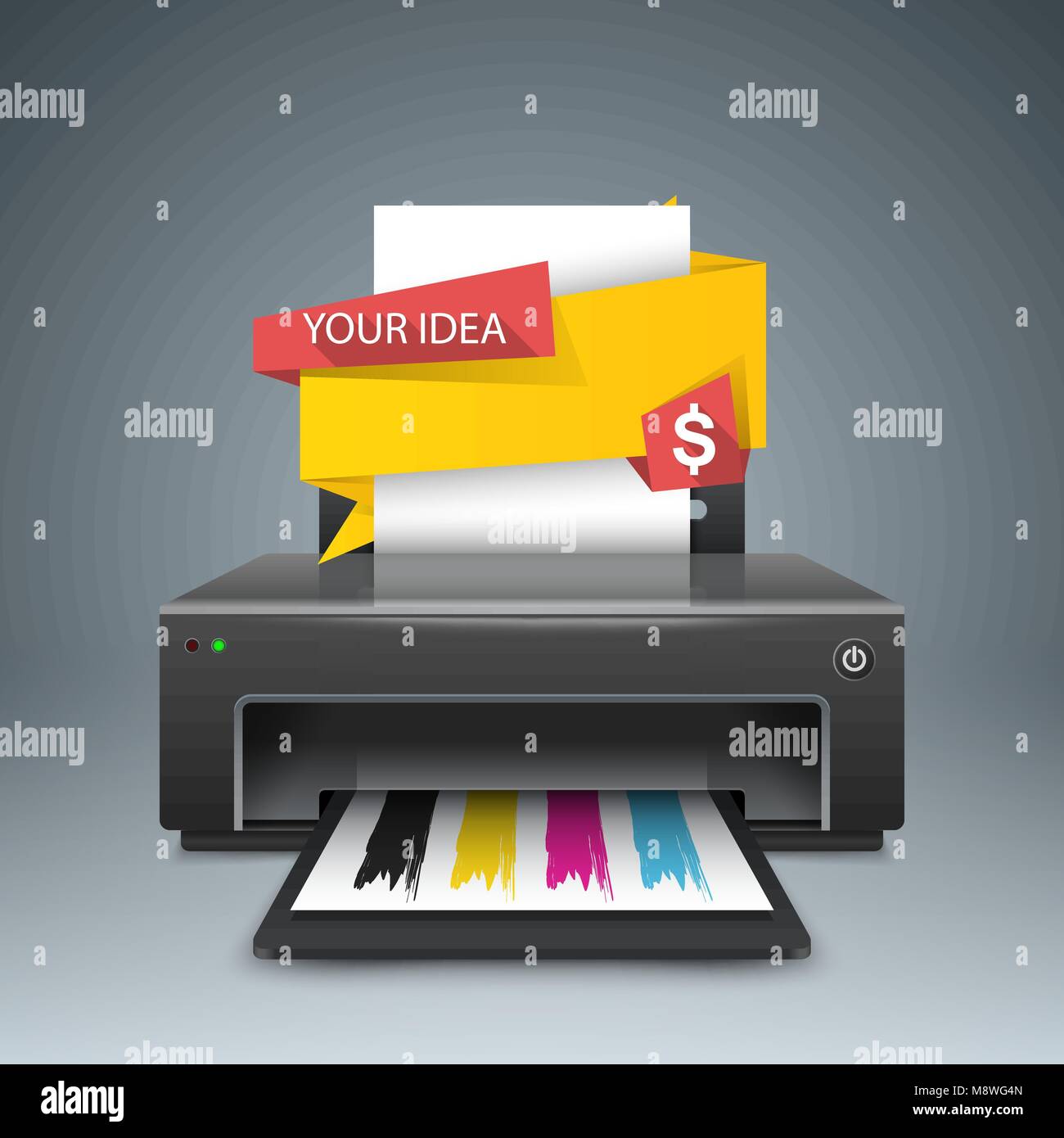 Realistic 3d printer. Business infographic. Paper A4 icon. Banne Stock ...