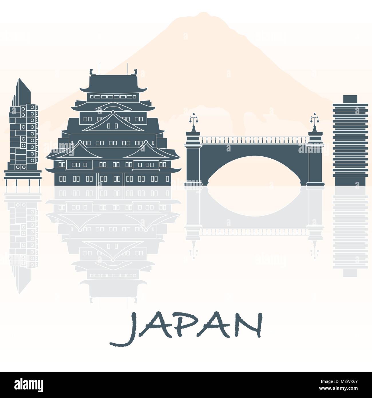 Japanese architecture. Building, suspension bridge and castle. Backdrop ...