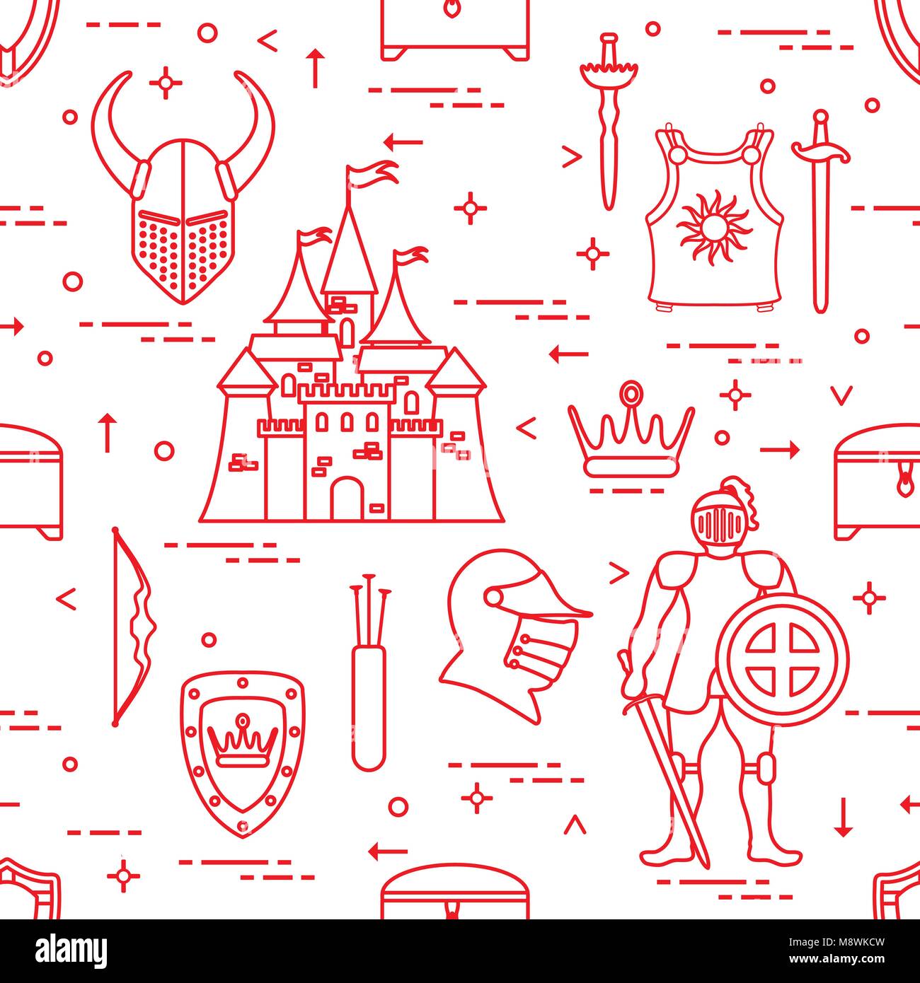 Seamless pattern with knight, castle, shields, swords, cuirass, helmet ...