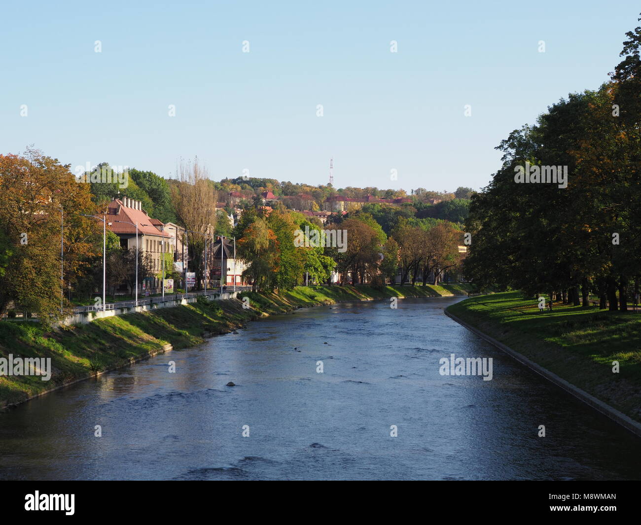 Olza river on the border of polish city of Cieszyn and Czech city of ...