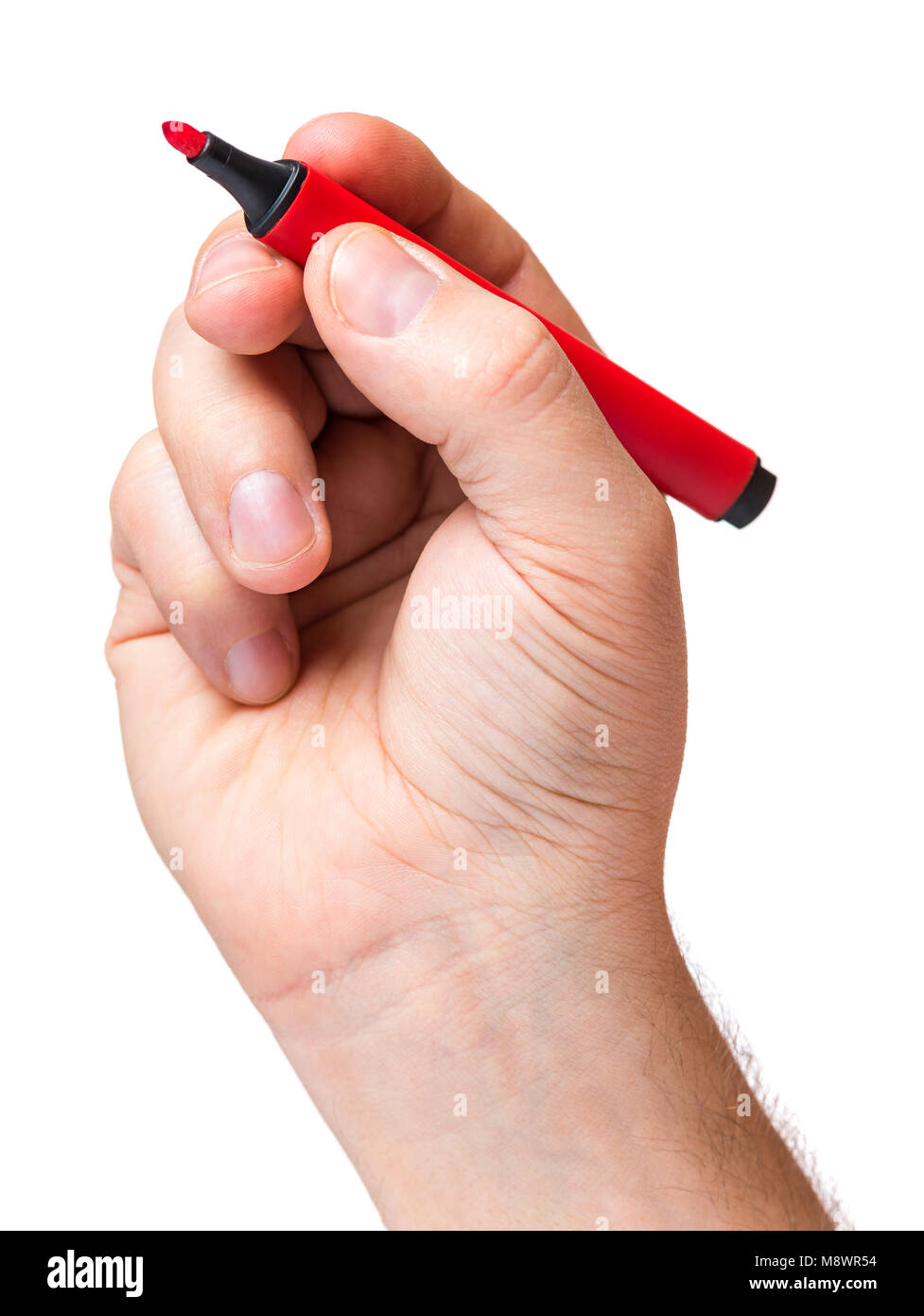 Male hand holding red marker, isolated on white background Stock Photo ...