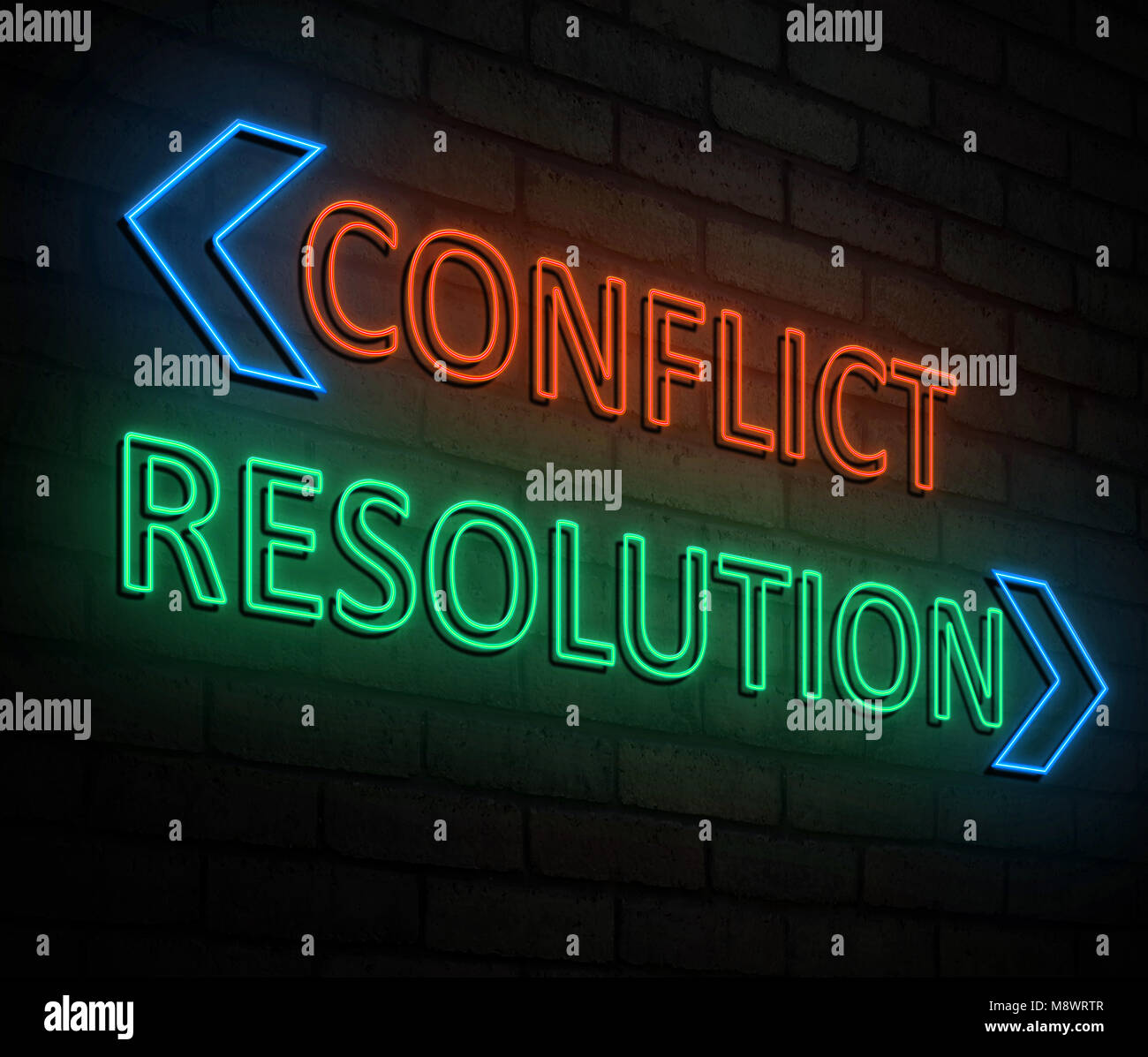3d Illustration depicting an illuminated neon sign with a conflict and ...