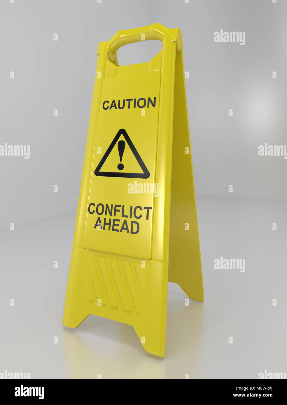 3d illustration depicting a yellow floor warning sign with a conflict ...