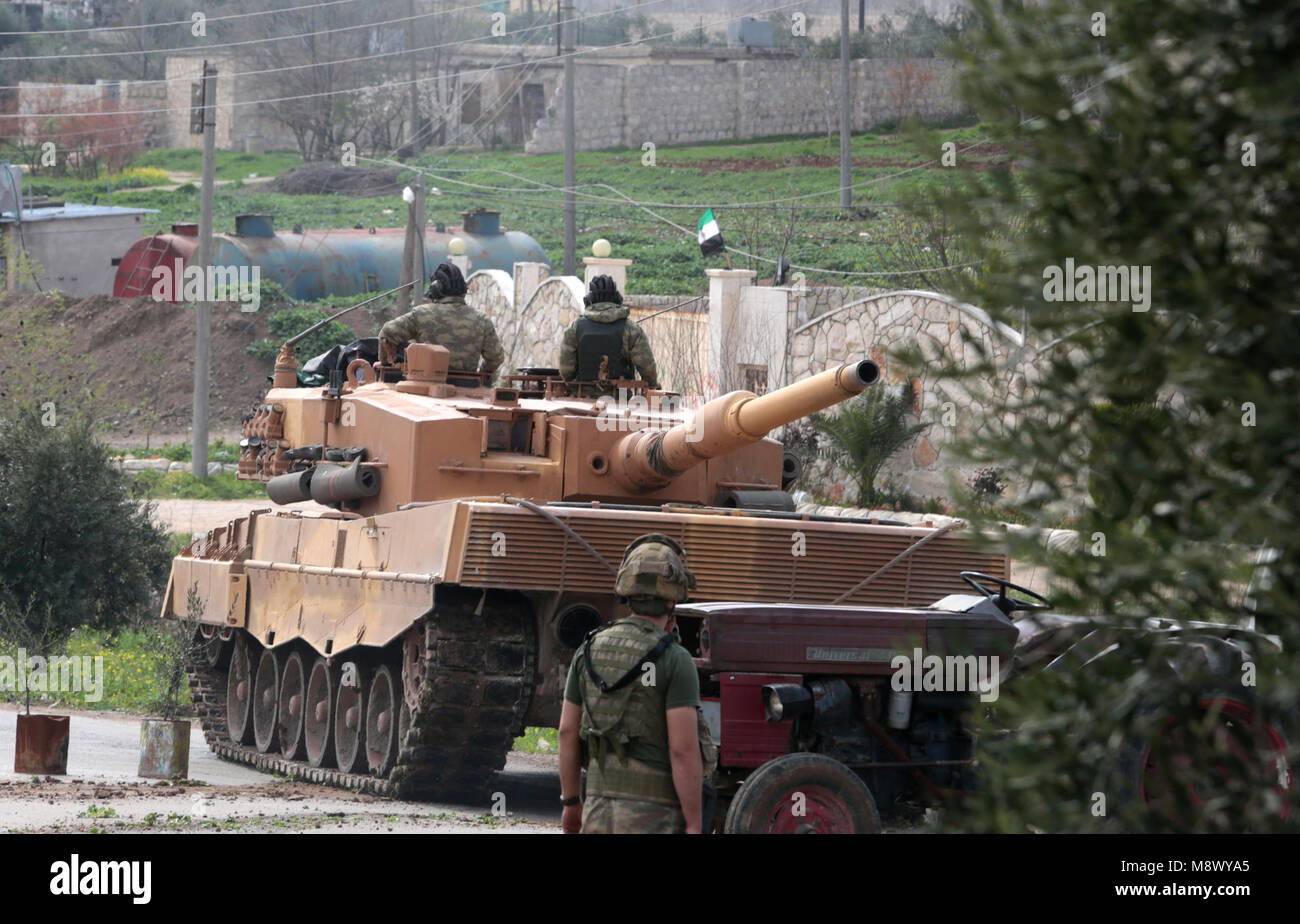 Afrin. 20th Mar, 2018. A Turkish military tank is seen at a security ...
