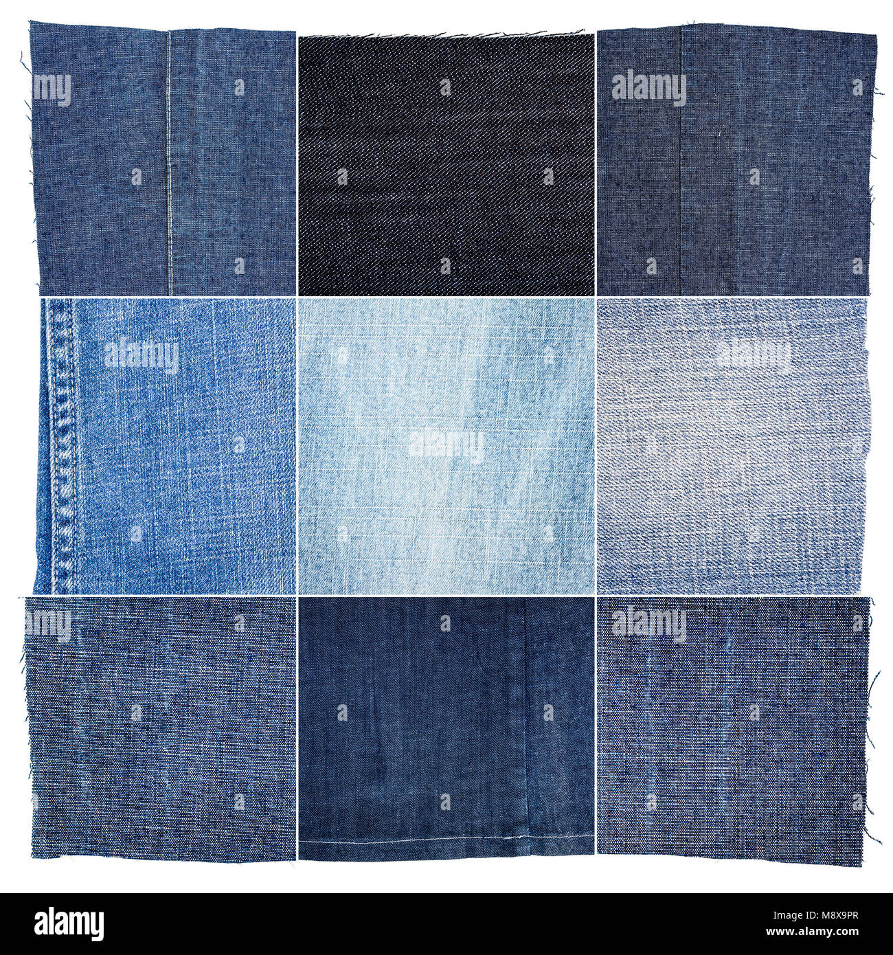 Collection of blue jeans fabric textures isolated on white background ...