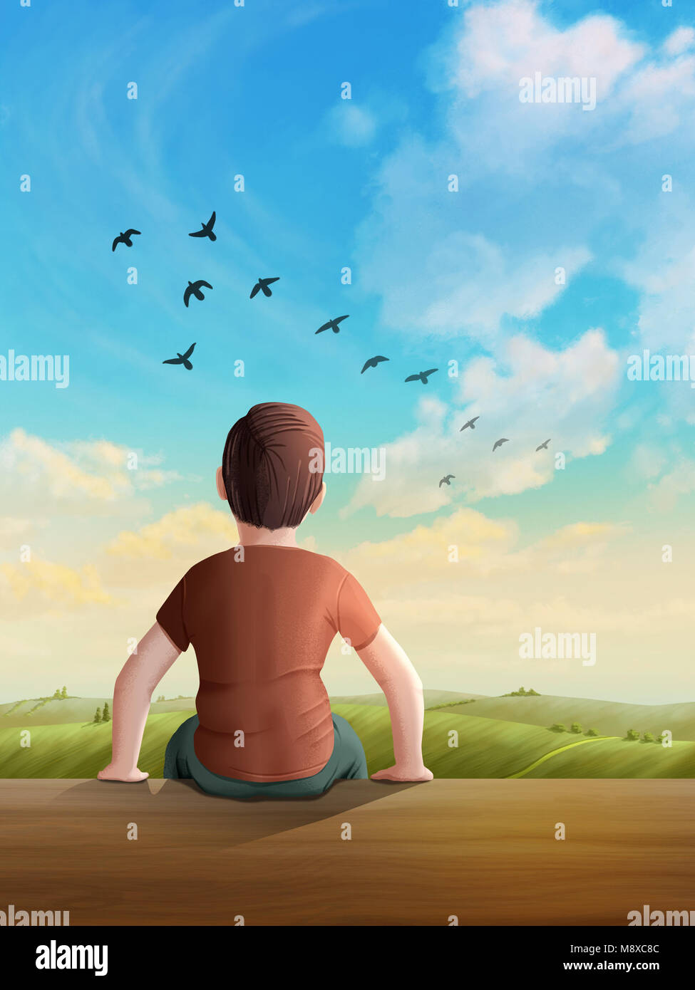 Children looking into a serene, sunny landscape, with birds flying ...