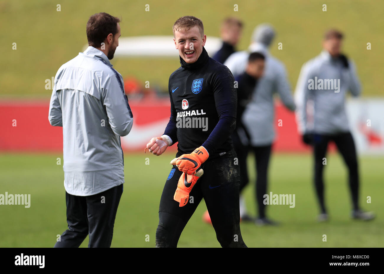 England goalkeeper Jordan Pickford during the training session at St ...