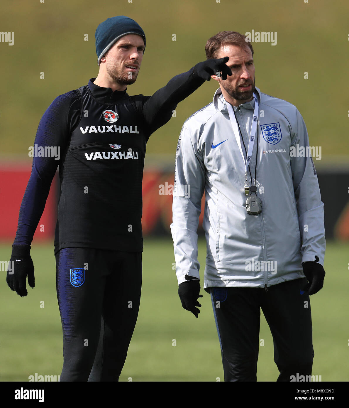 England's Jordan Henderson (left) and manager Gareth Southgate during ...
