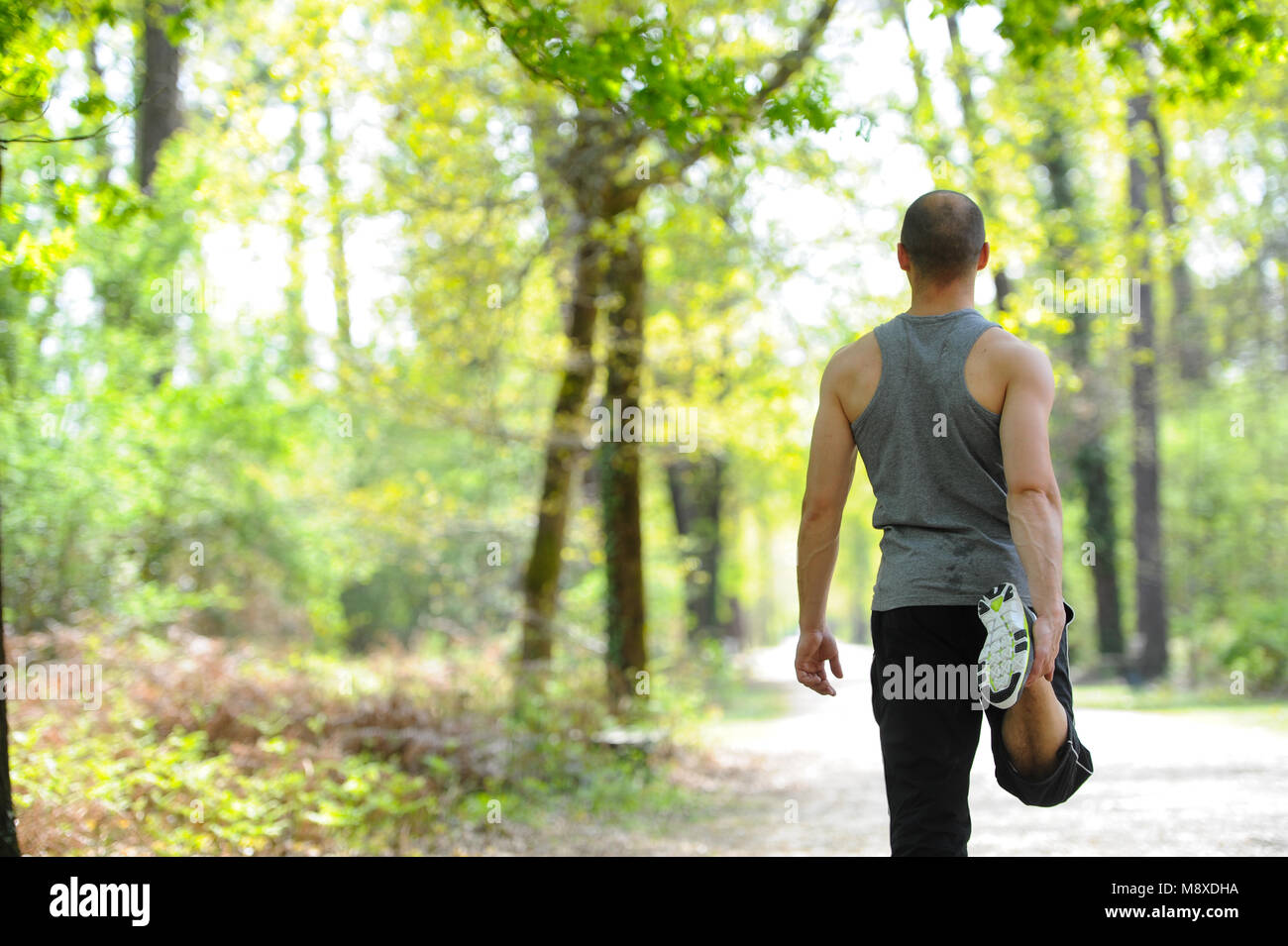Stretching Young man Sport Fitness France forest spring Stock Photo - Alamy