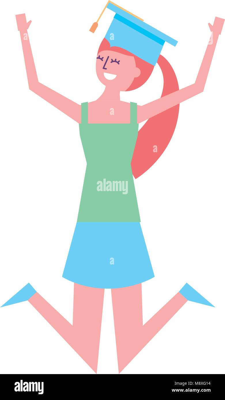 cartoon character young graduate woman jump from happiness Stock Vector ...