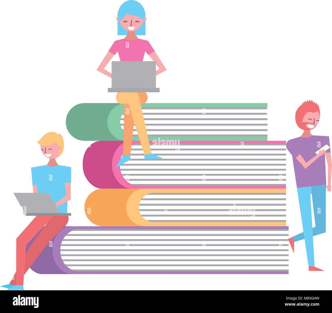 people using technology devices and pile books Stock Vector Image & Art ...
