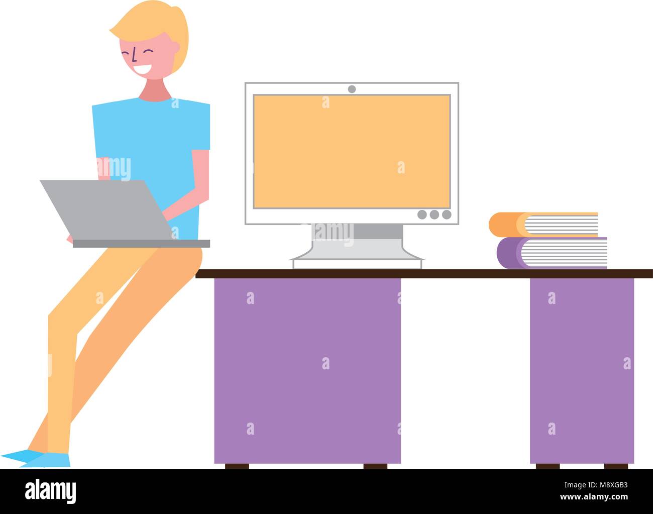 smiling man sitting on desk with laptop books and pc Stock Vector Image ...