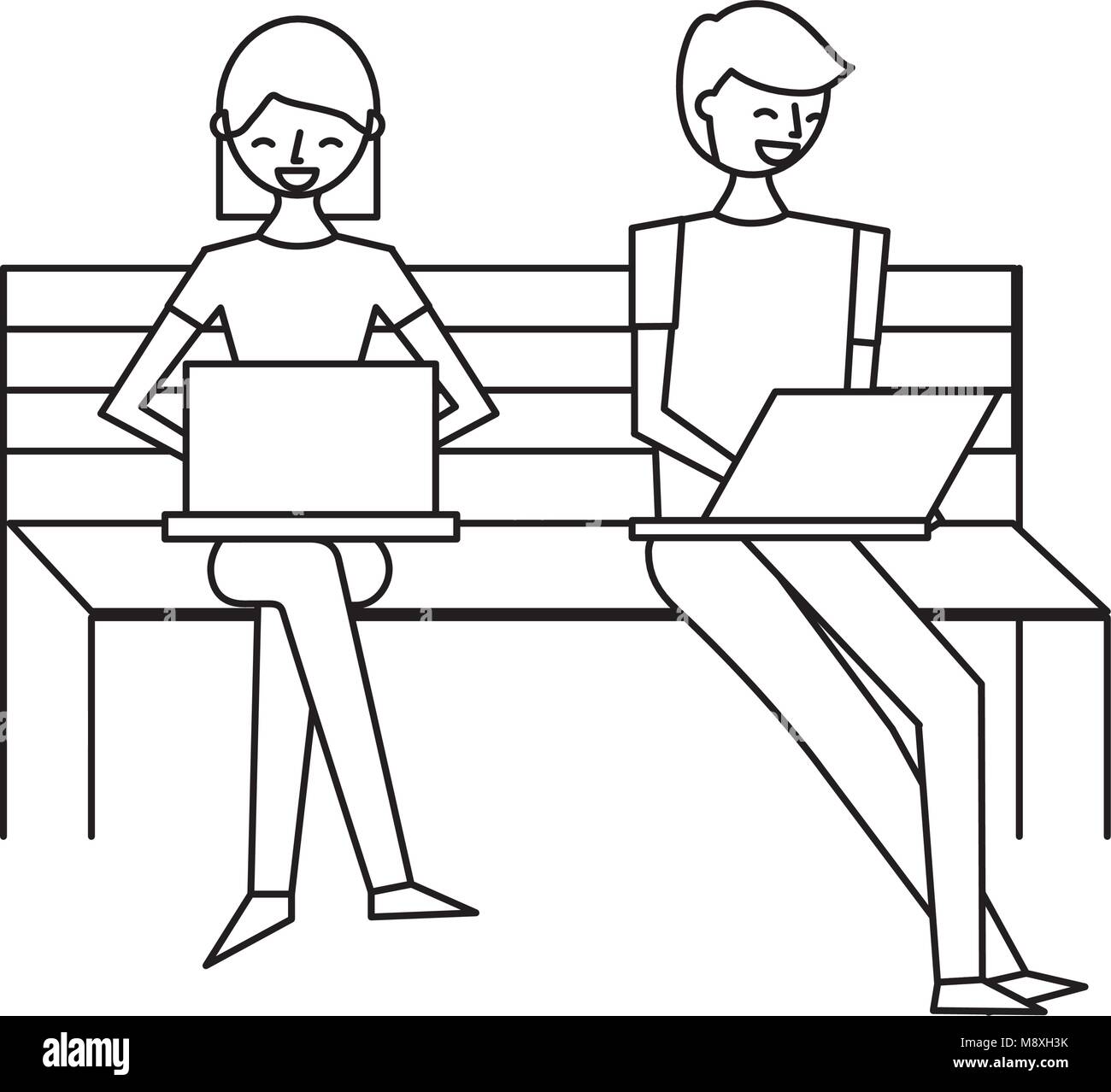 young woman and man sitting on the bench with their laptop Stock Vector ...