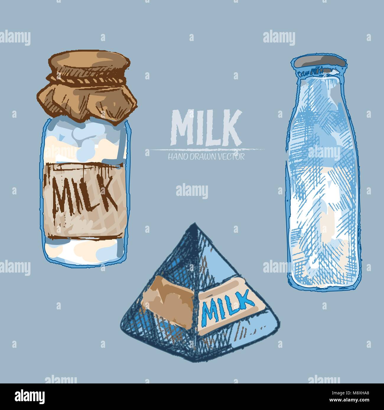 Digital vector detailed line art milk in different packages hand drawn ...