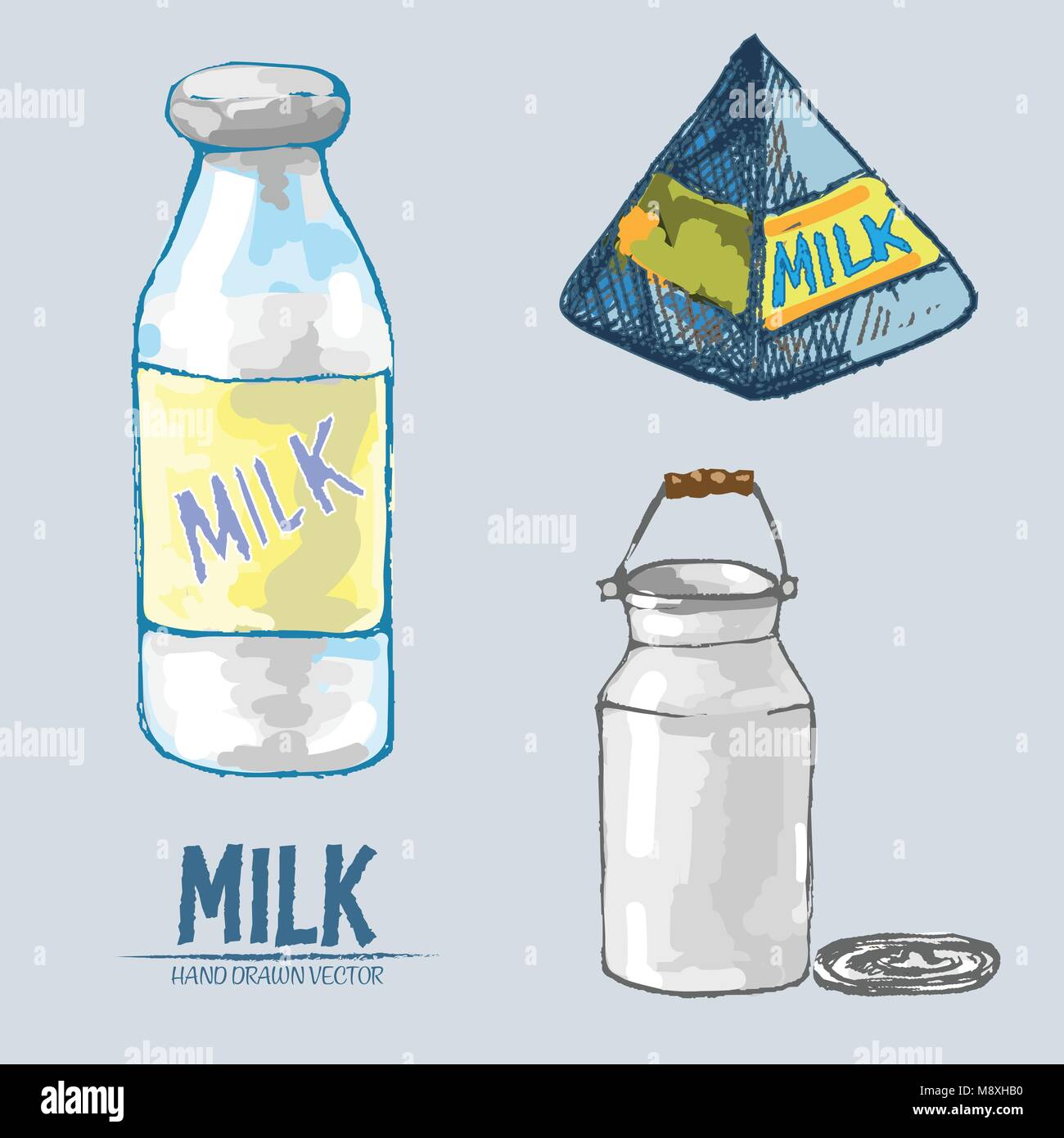 Digital vector detailed line art milk in different packages hand drawn ...