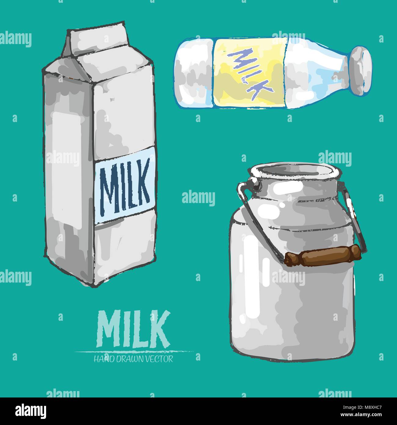 Digital vector detailed line art milk in different packages hand drawn ...