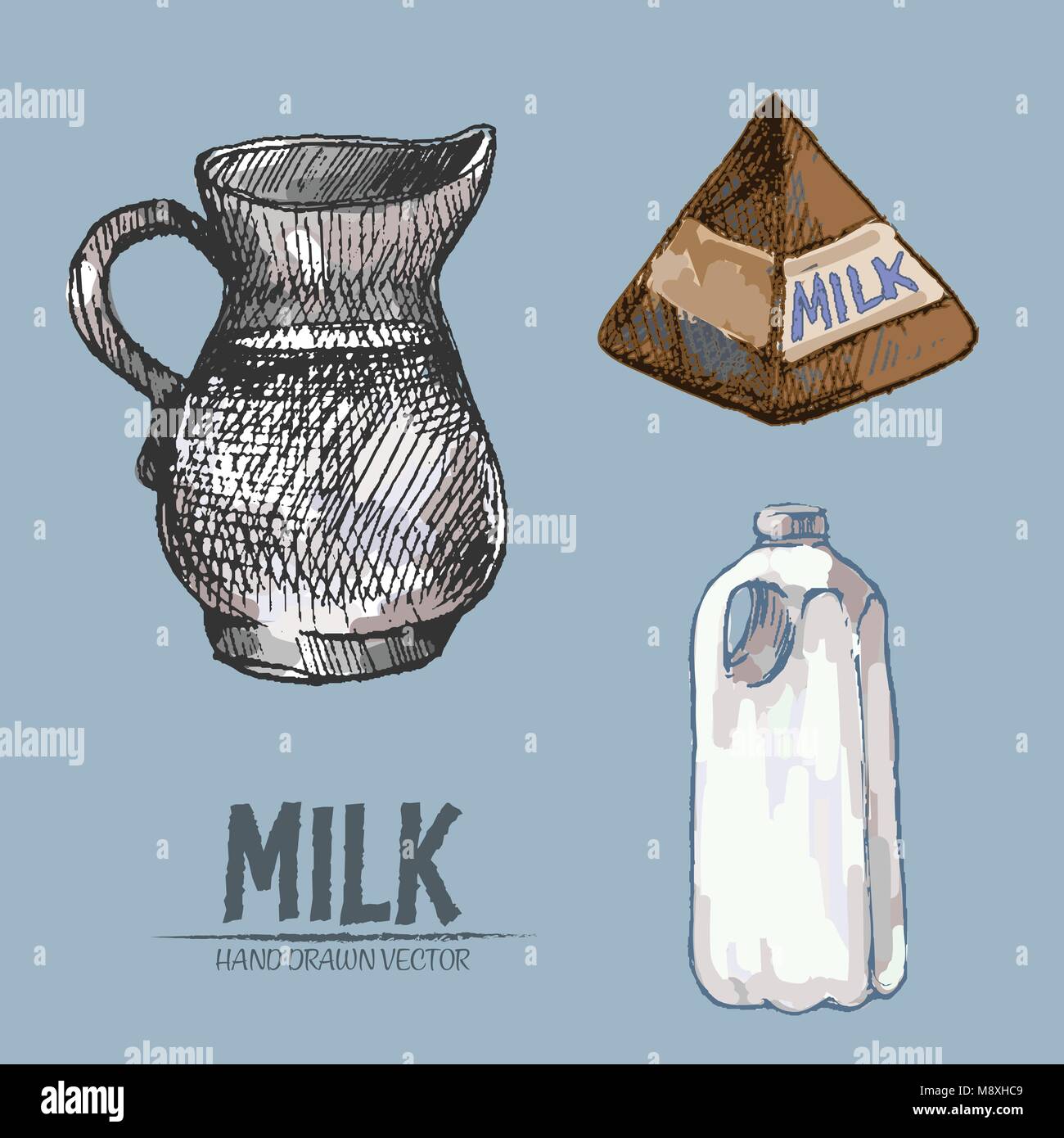 Digital vector detailed line art milk in different packages hand drawn ...