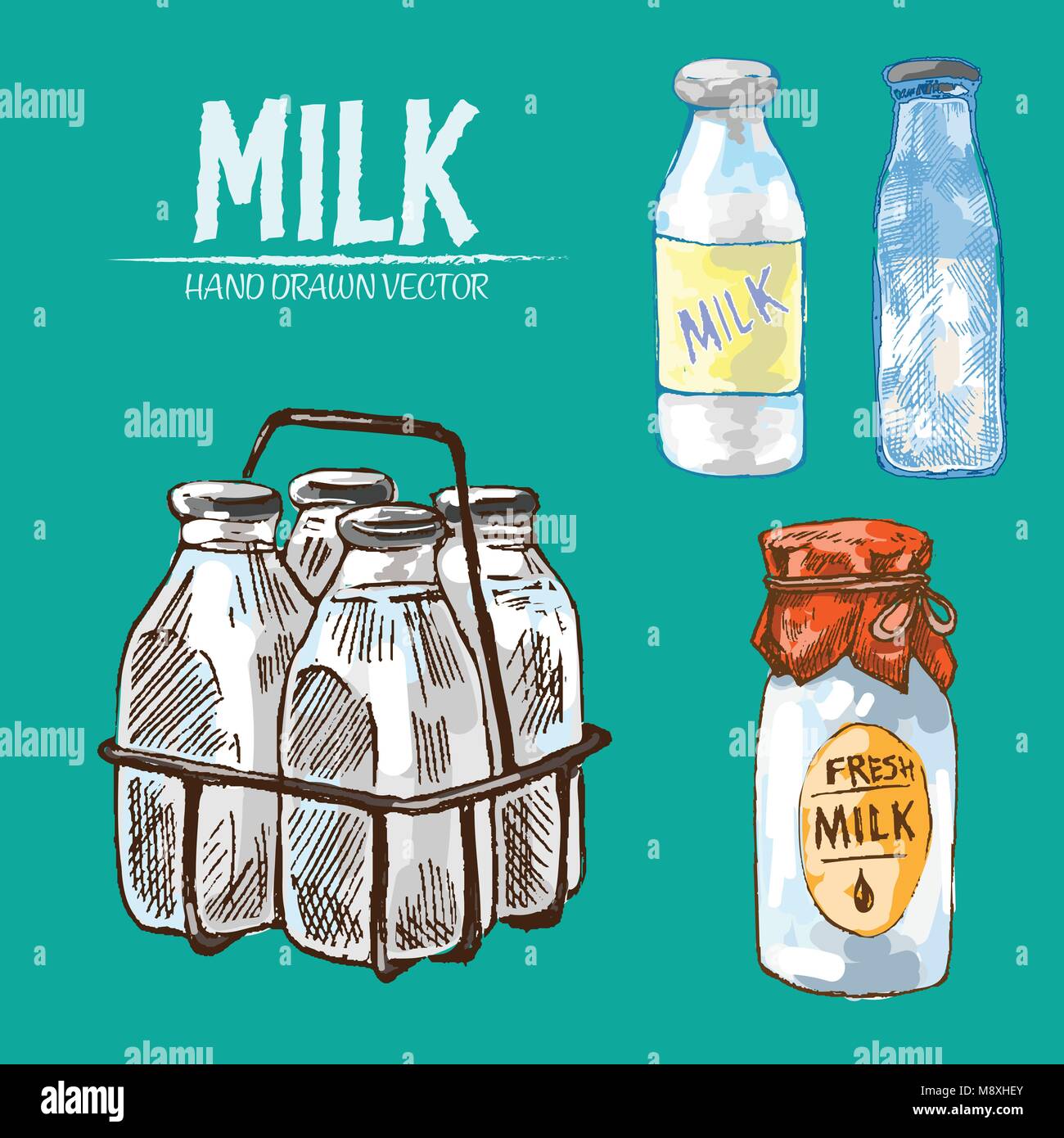 Digital vector detailed line art fresh milk in glass bottles hand drawn ...