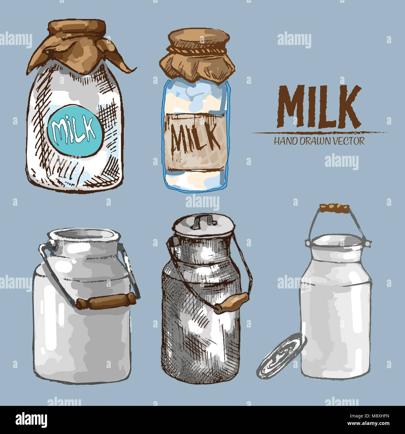 Digital vector detailed line art milk in different packages hand drawn ...