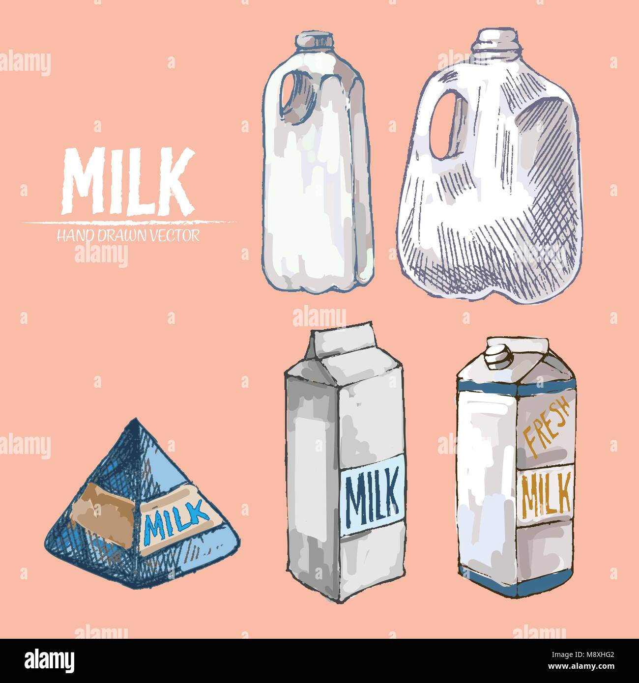 Digital vector detailed line art milk in different packages hand drawn ...