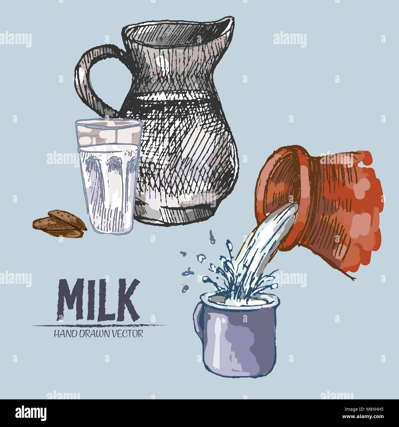 Digital vector detailed line art pouring splash and pitcher milk hand ...