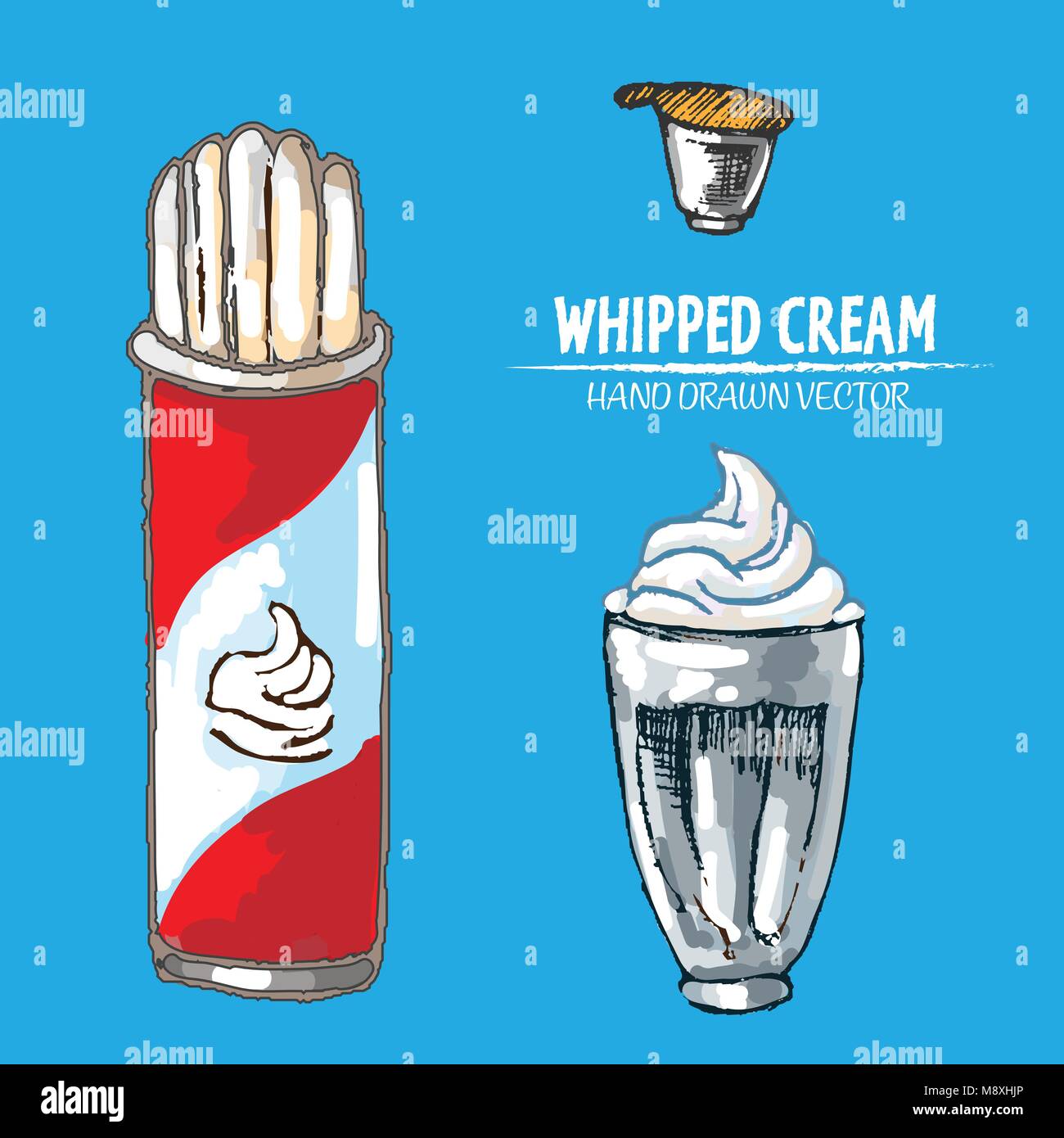 Digital vector detailed line art whipped cream can and milkshake hand ...