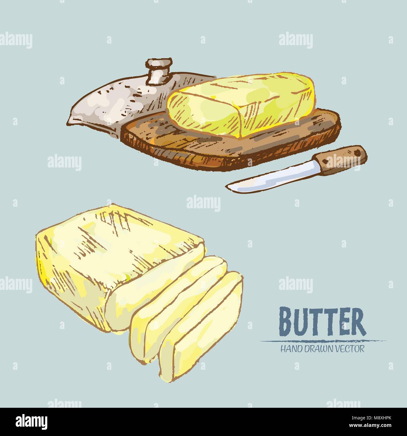 Digital vector detailed line art butter slices with knife hand drawn ...