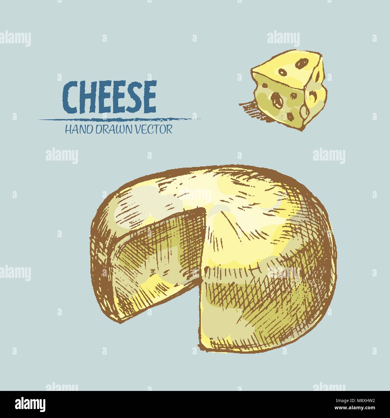 Digital vector detailed line art sliced cheese with slices hand drawn ...