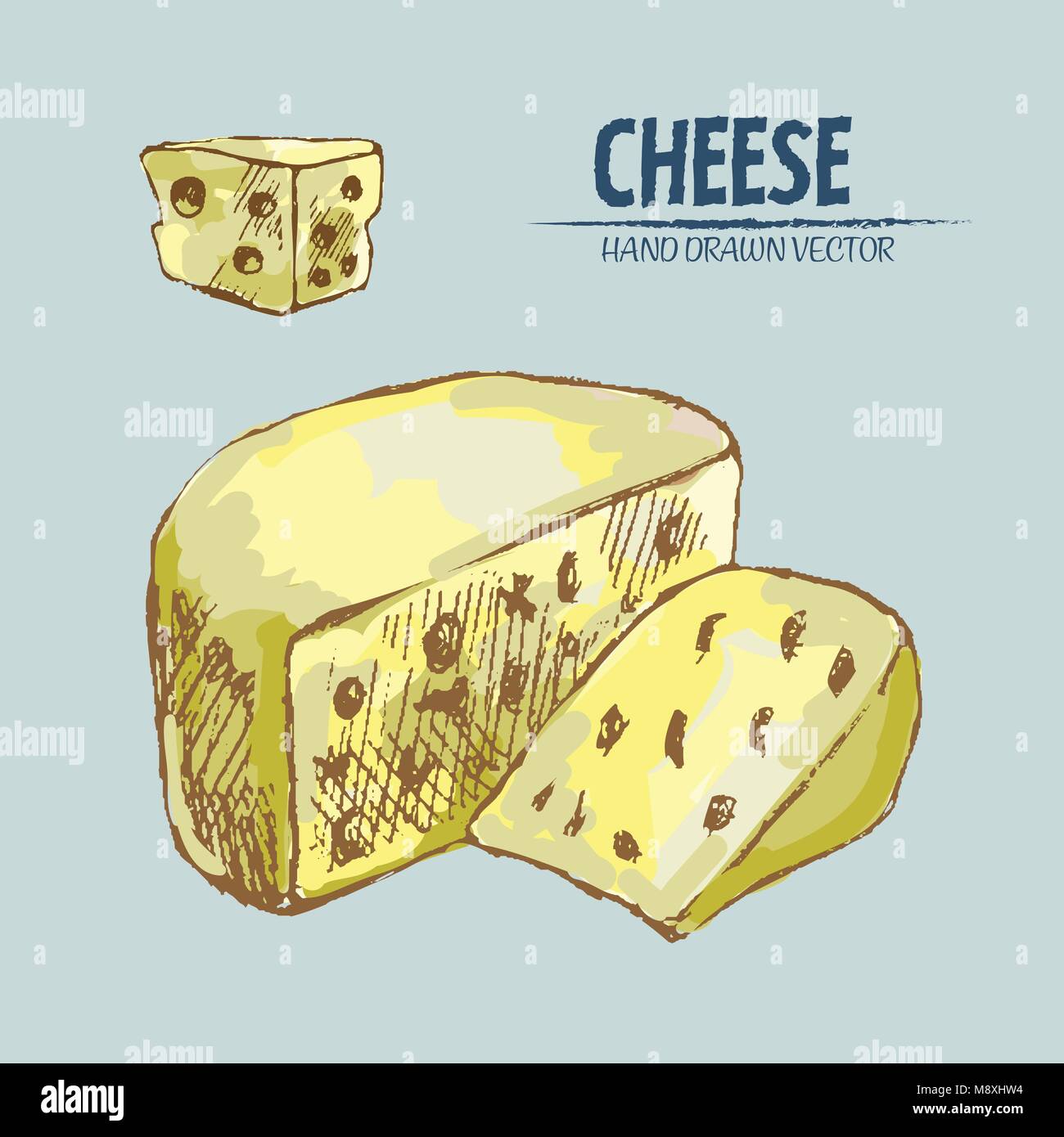 Digital vector detailed line art sliced cheese with slices hand drawn ...
