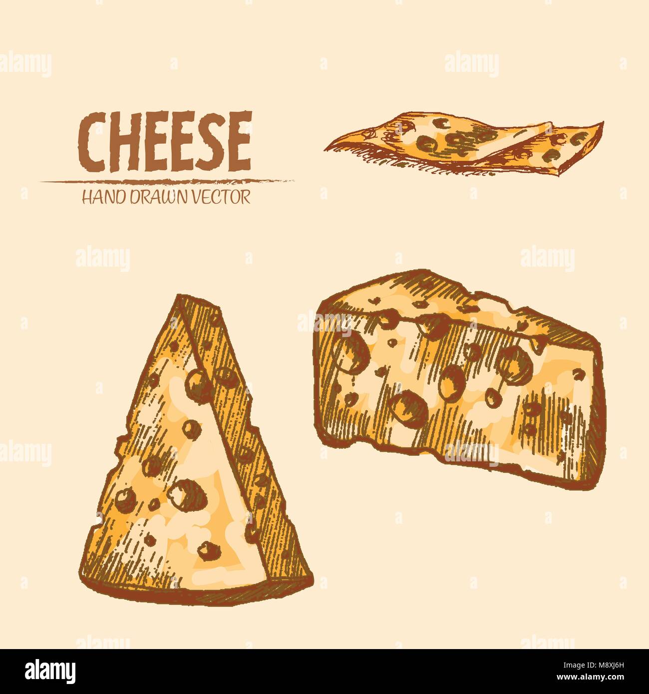 Digital vector detailed line art sliced cheese with holes hand drawn ...