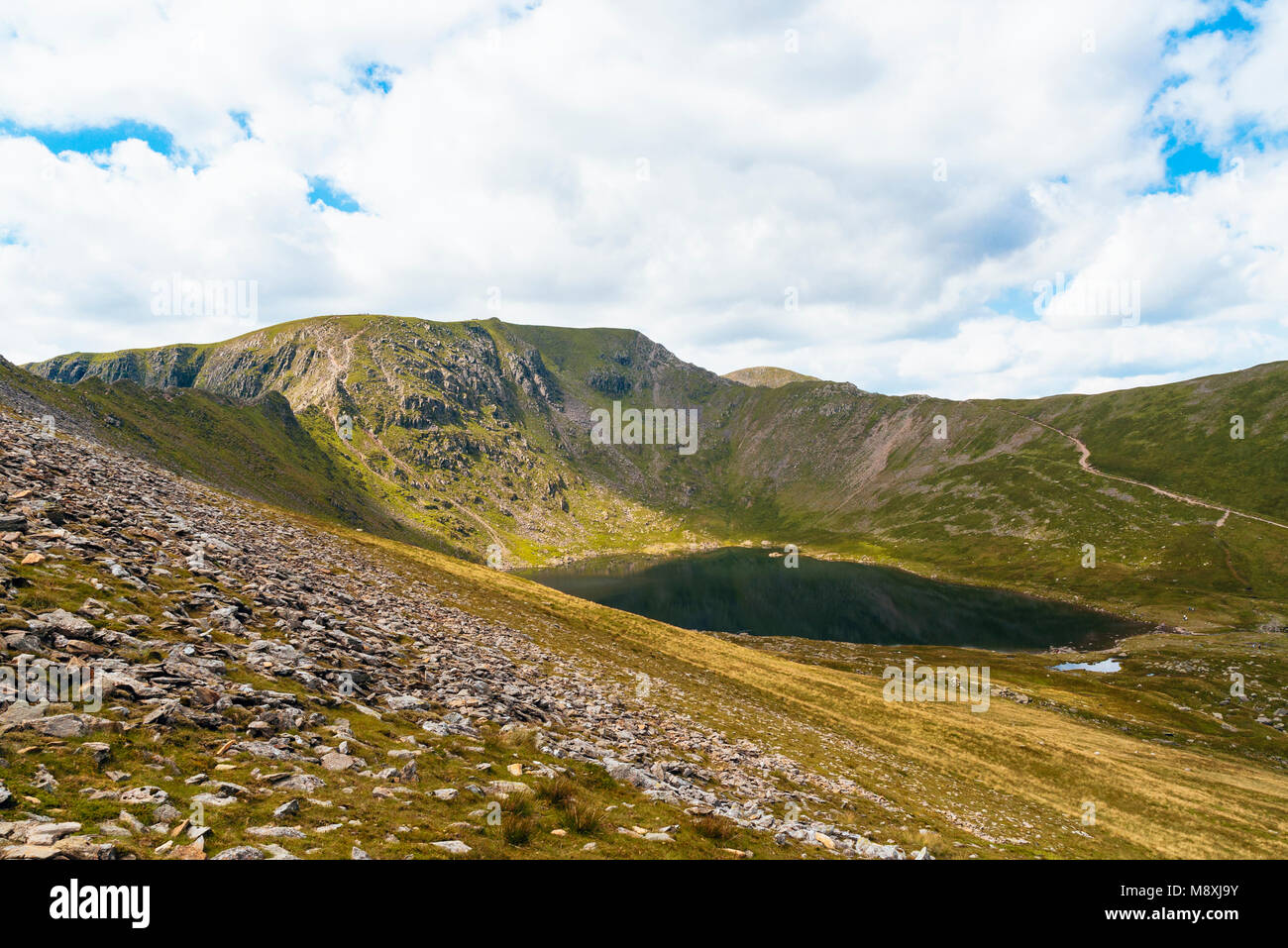 Red Tarn on Helvellyn in the Lake District. Striding Edge to the left ...