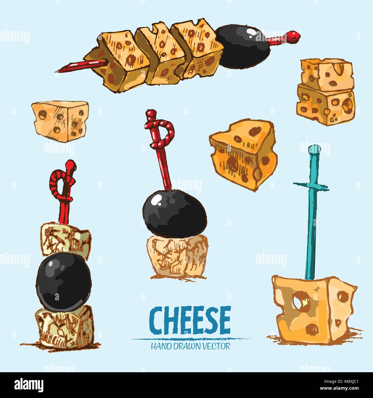 Digital vector detailed line art sliced cheese on skewer hand drawn ...