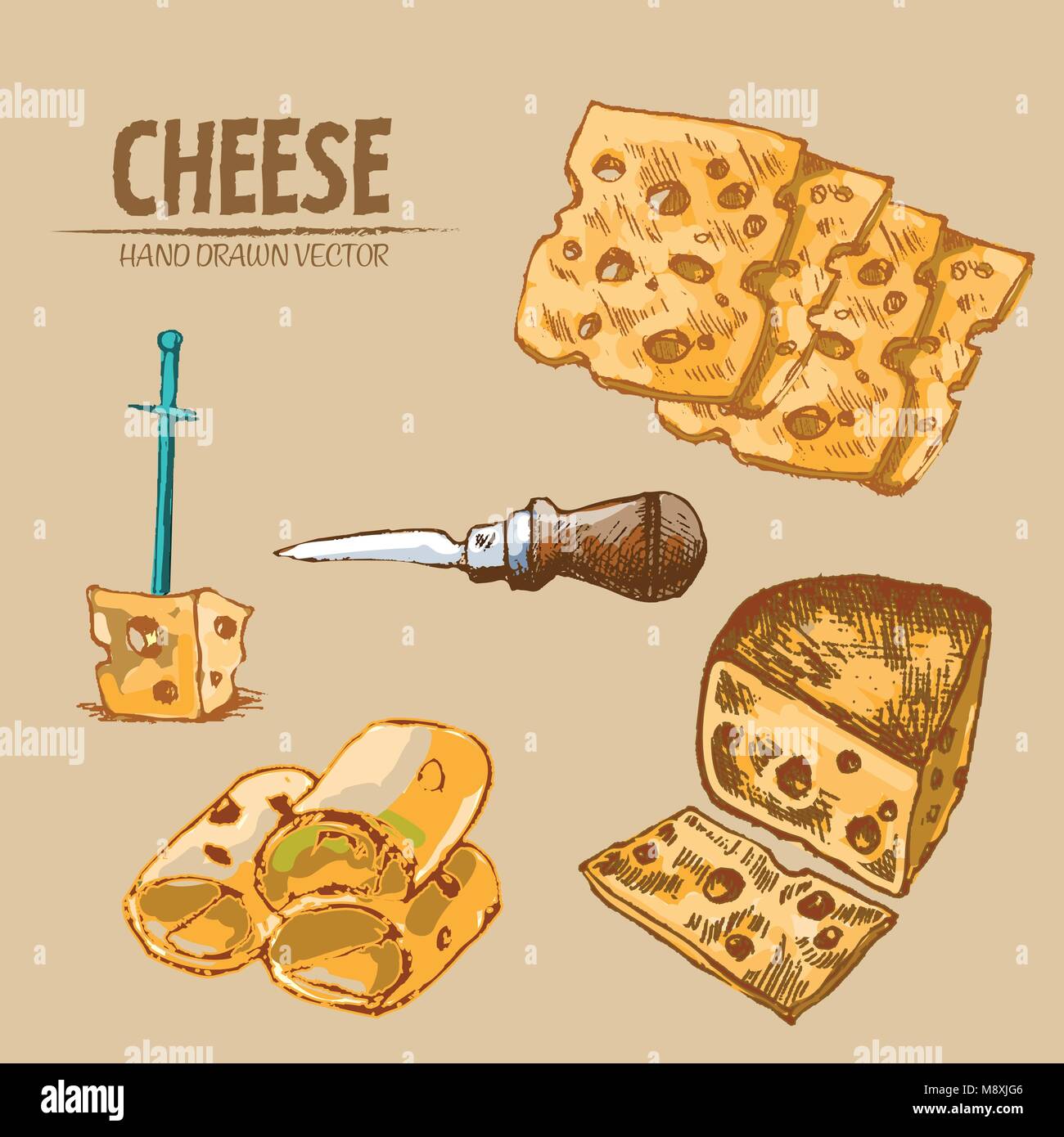 Digital vector detailed line art sliced cheese on skewer hand drawn ...