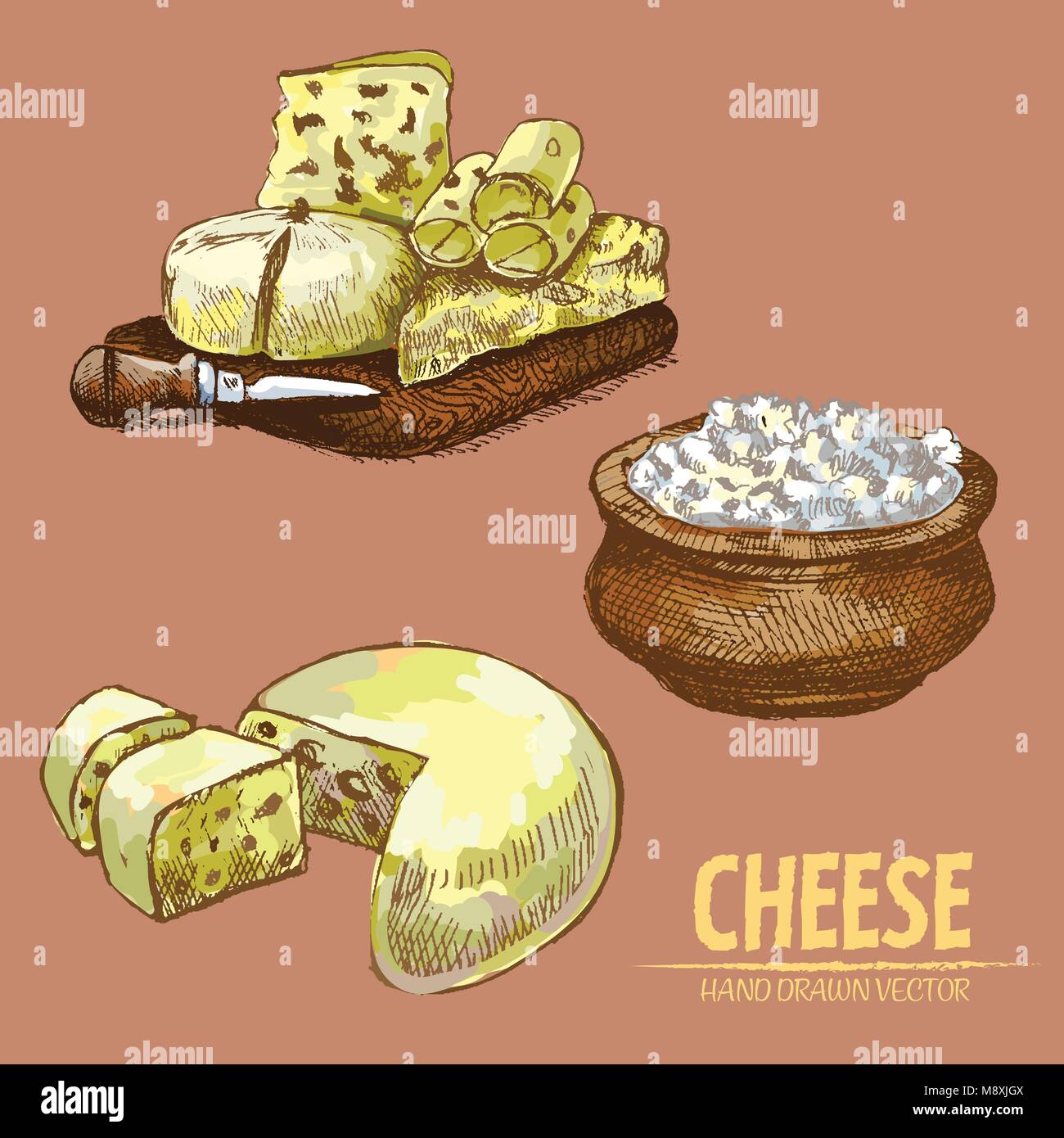 Digital vector detailed line art sliced and grated cheese hand drawn ...