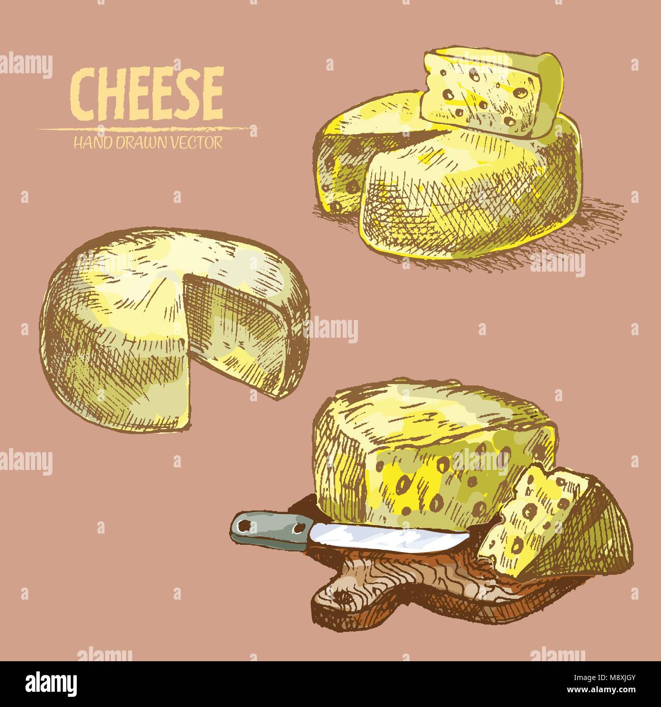 Digital vector detailed line art sliced cheese with holes hand drawn ...