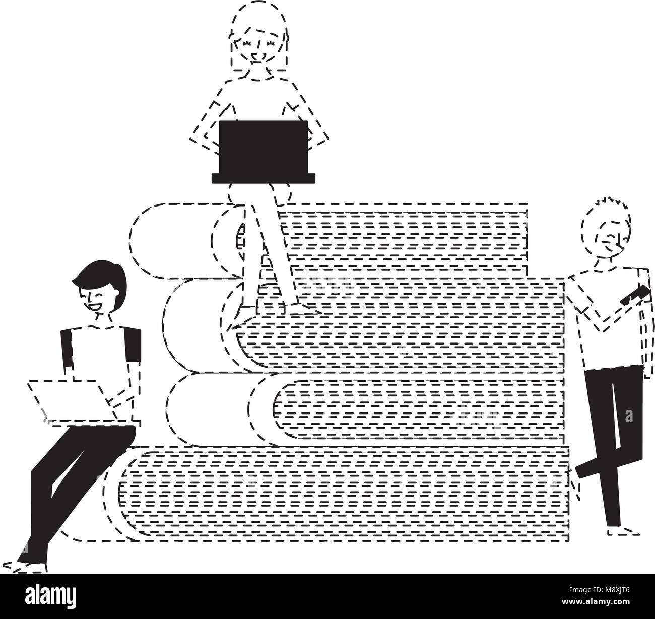people using technology devices and pile books Stock Vector Image & Art ...